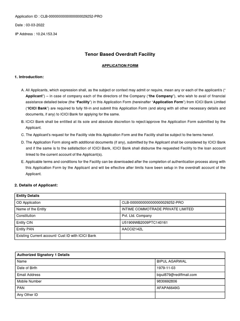 ICICI Bank Overdraft Facility Application | PDF | Bankruptcy | Liquidation