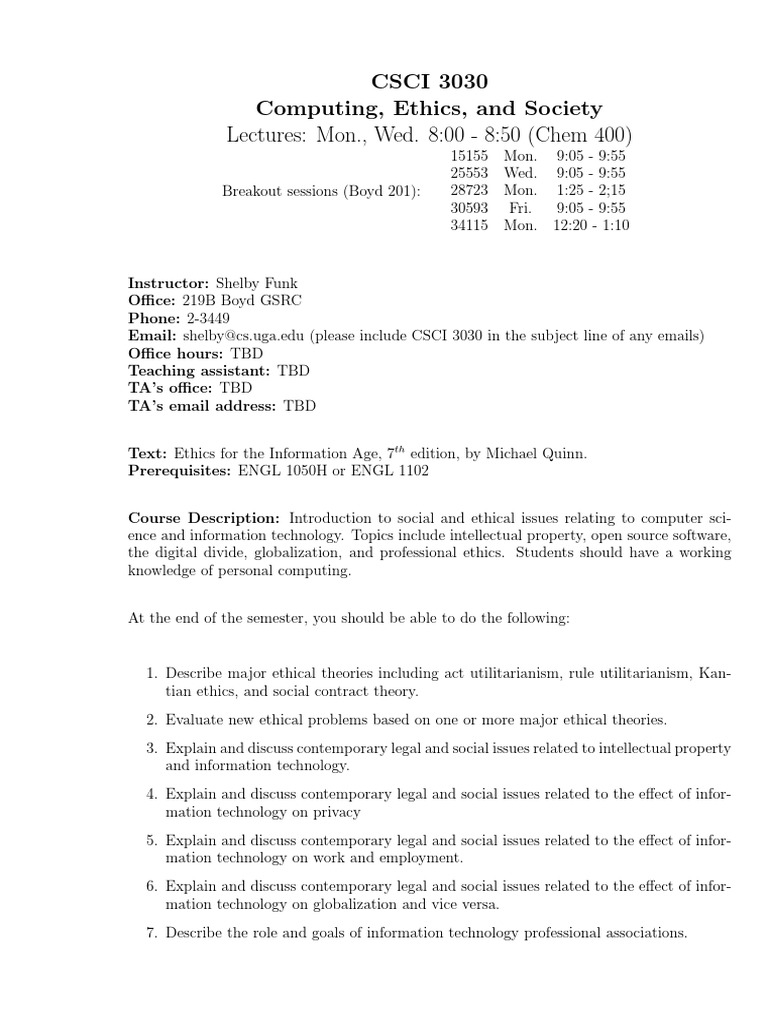 CSCI 3030 Computing, Ethics, and Society Syllabus | PDF | Academic ...