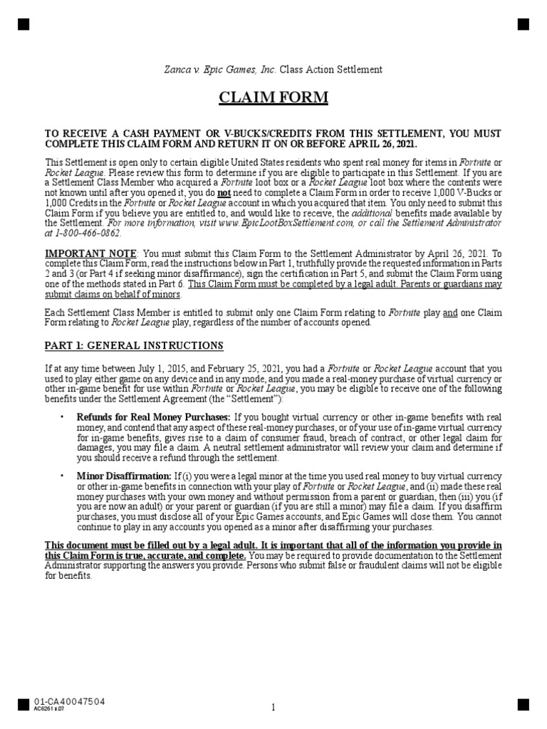 Claim Form: Zanca v. Epic Games, Inc. Class Action Settlement | PDF ...