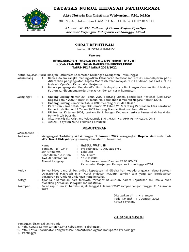 SK Kepala Hasbul Wafi & Bendahara Misnadi | PDF