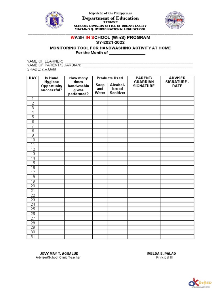 Monitoring Handwashing Habits: A Handwashing Log for Students of ...