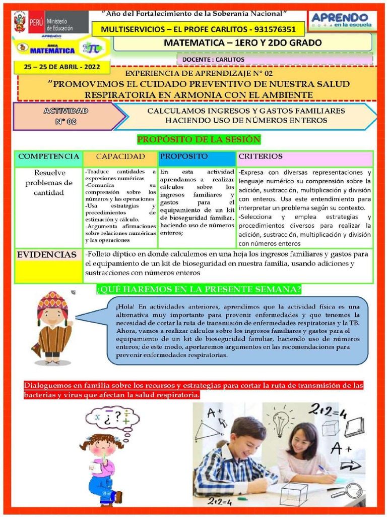 Experiencia De Aprendizaje 02 Matematica Actividad 02 1er Y 2do