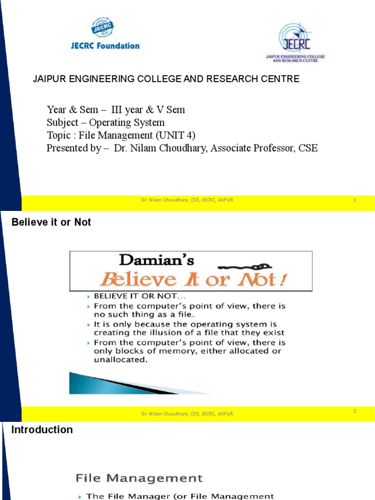 Year & Sem - III Year & V Sem Subject - Operating System Topic: File Management (UNIT 4 ...