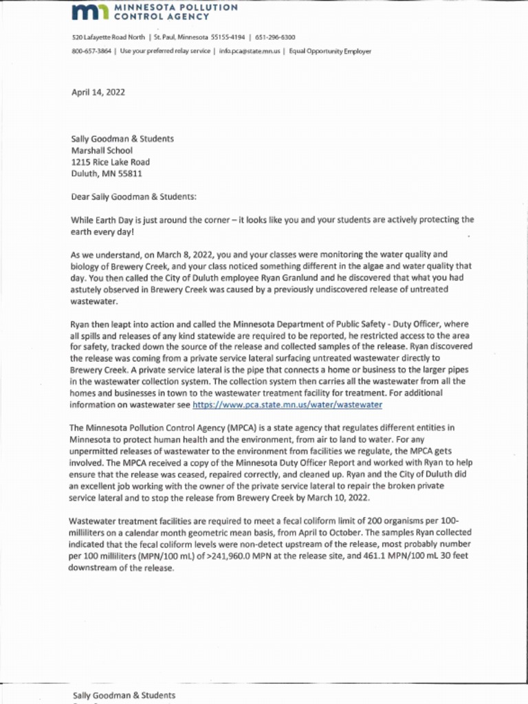 MPCA Letter To Marshall School | PDF