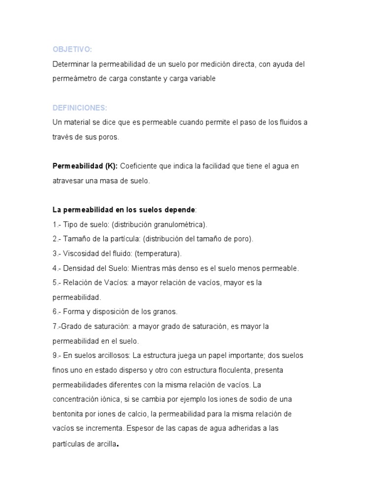 Carga Constante y Carga Variable | PDF | Permeabilidad (Ciencias de la ...