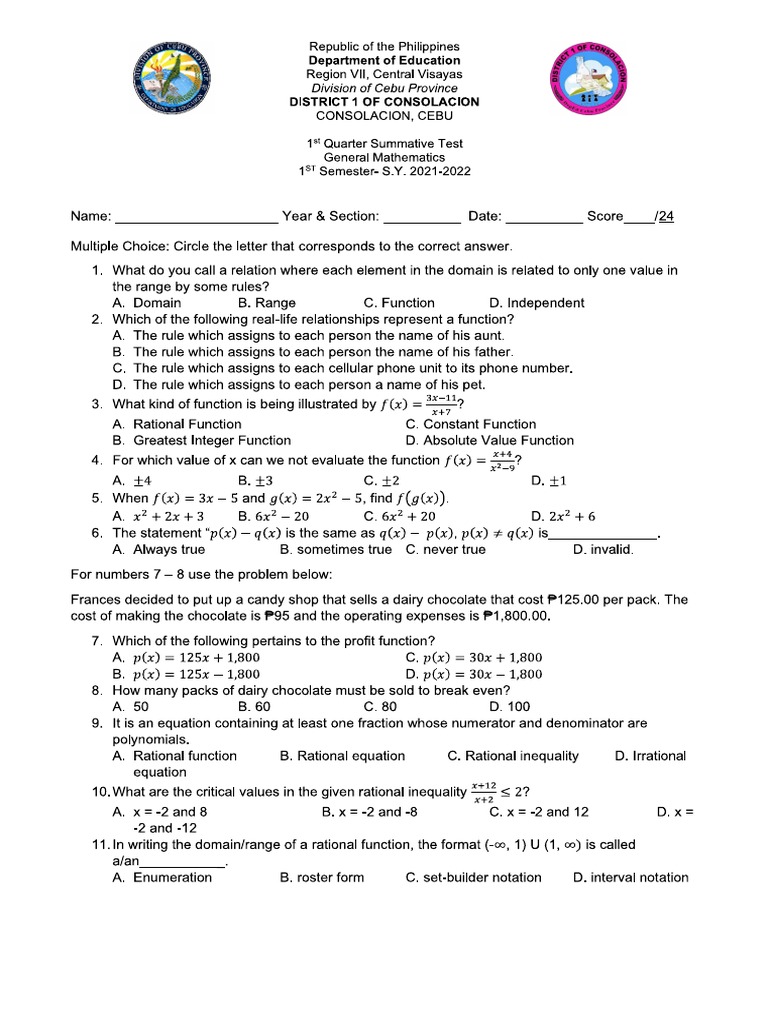 Unified Summative Test in General Mathematics | PDF