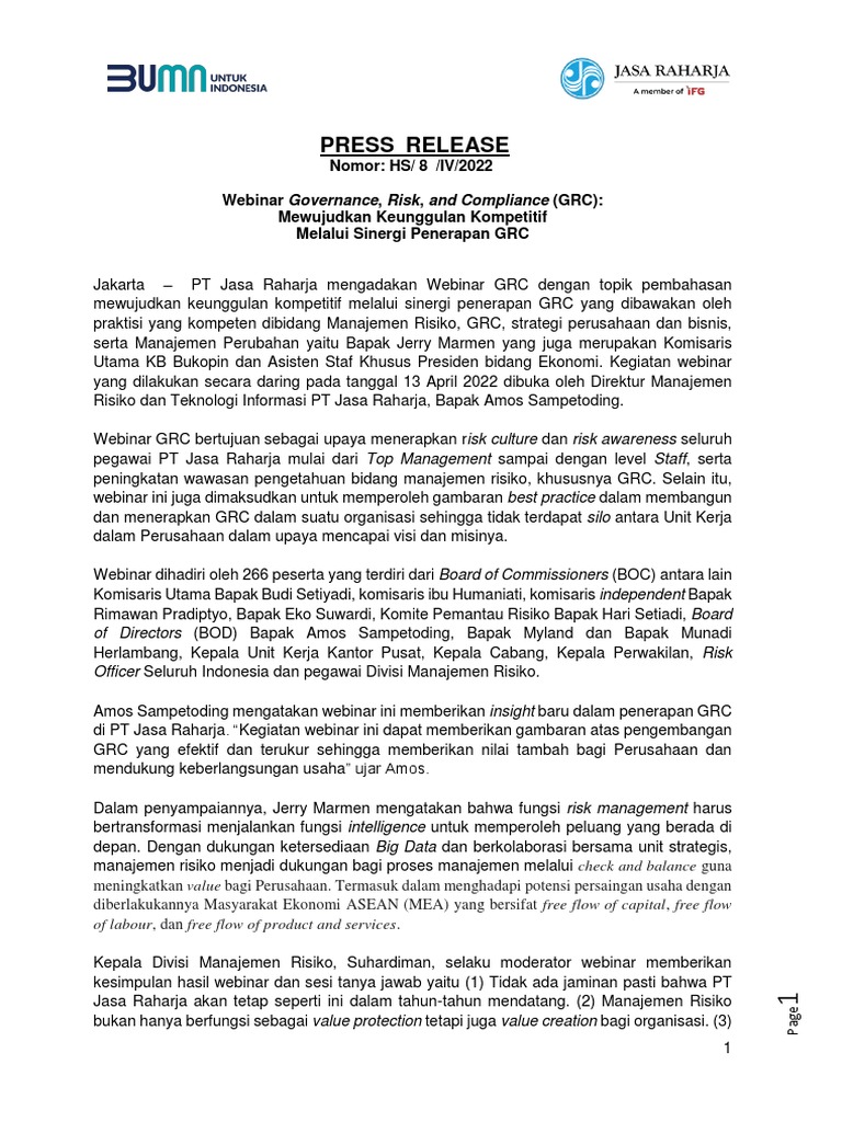 Draft Press Release Webinar GRC Edited revHM | PDF | Bisnis