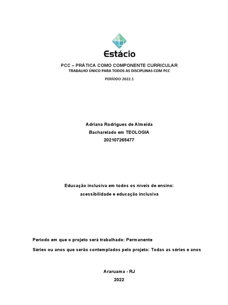 PCC - Prática Como Componente Curricular: Trabalho Único para Todos As ...