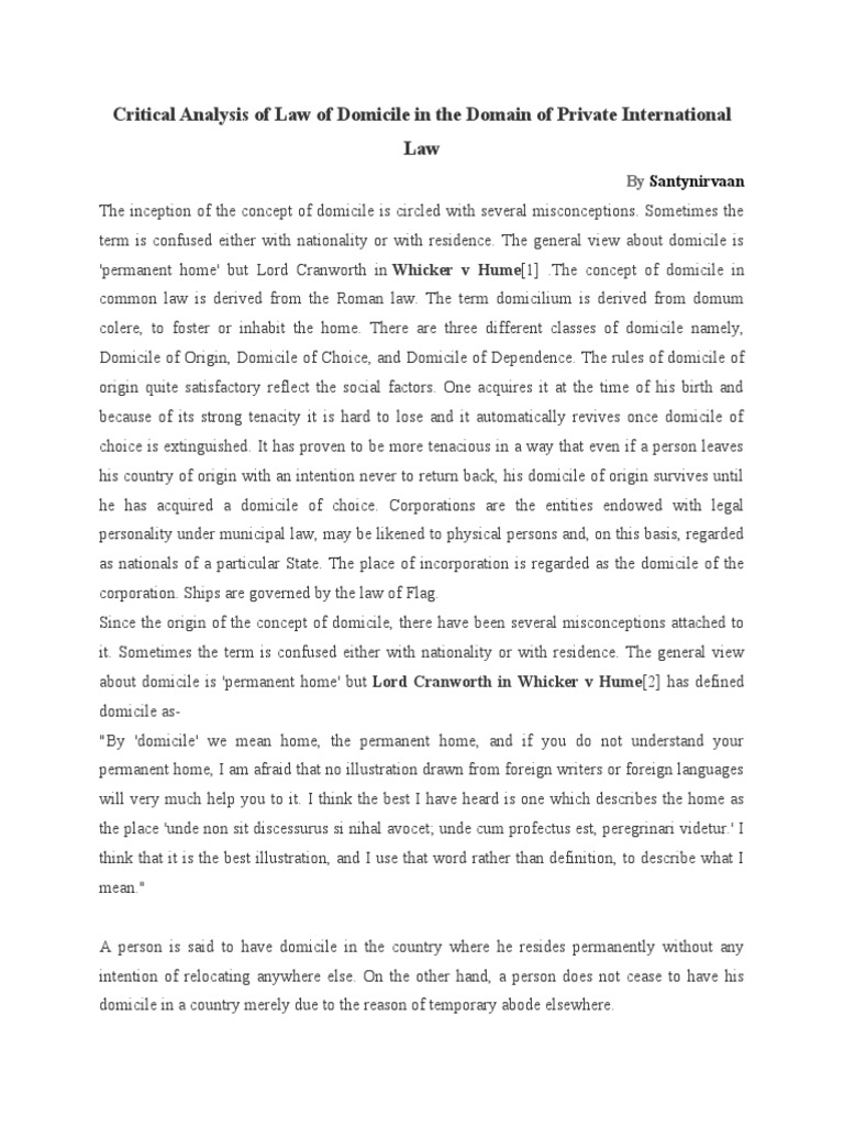 Critical Analysis Of Law Of Domicile In The Domain Of Private