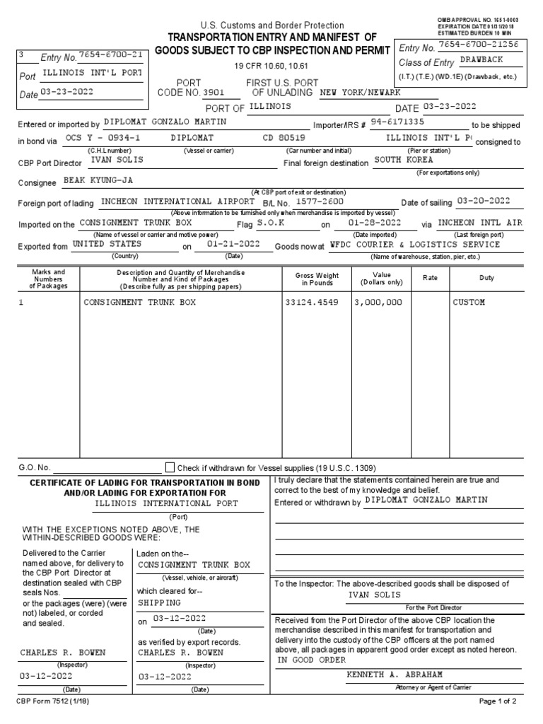 Transportation Entry and Manifest of Goods Subject To CBP Inspection ...