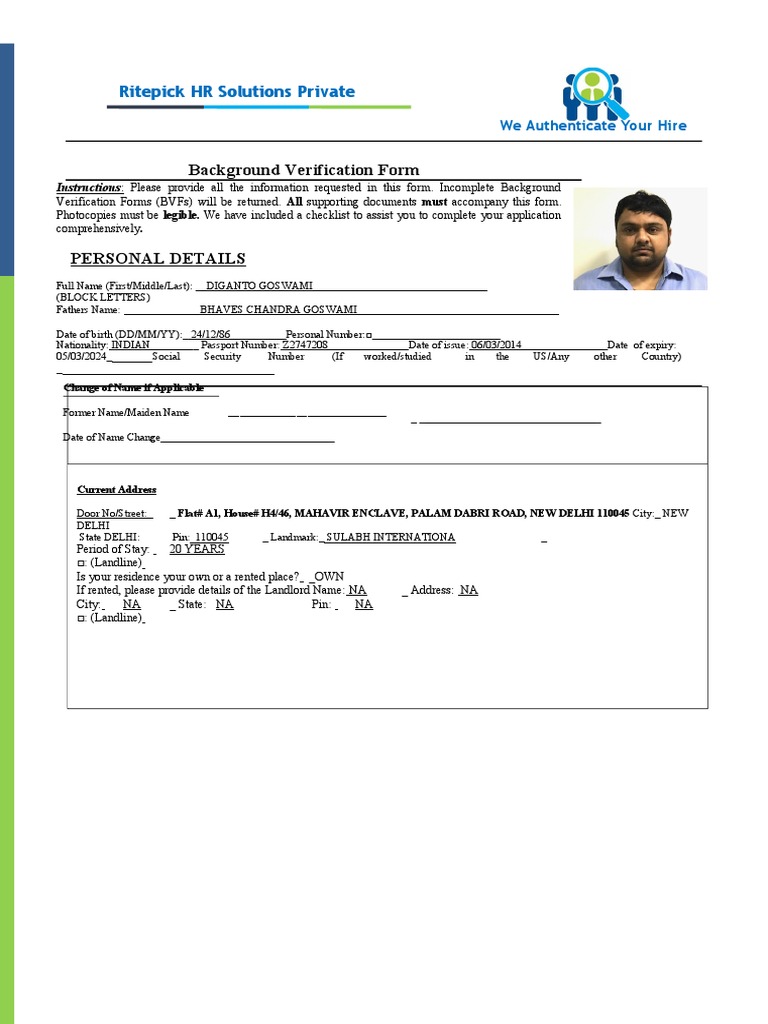 Background Verification Form - Ritepick | PDF | Employment | Legal ...