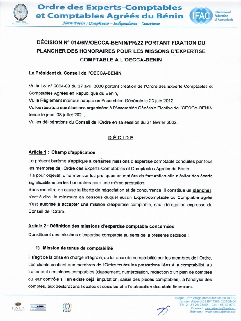Décision #014 6M OECCA-BENIN PR 22 Portant Fixation Du Plancher Des ...