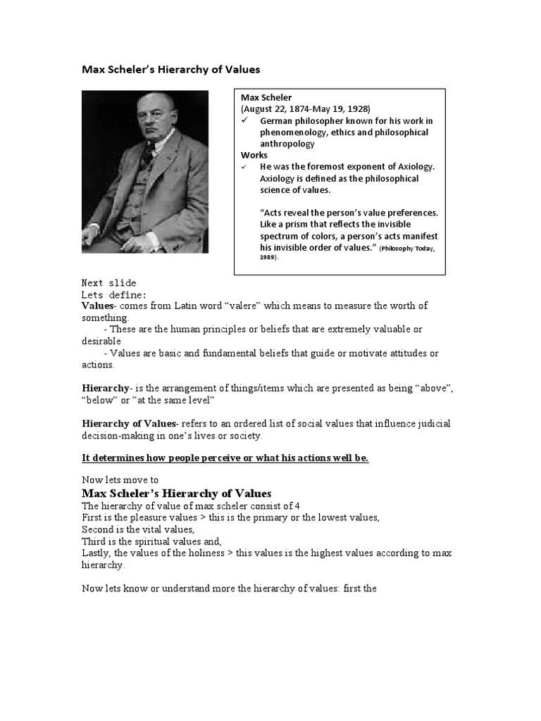 Max Scheler's Hierarchy of Values | PDF | Value (Ethics) | Pleasure