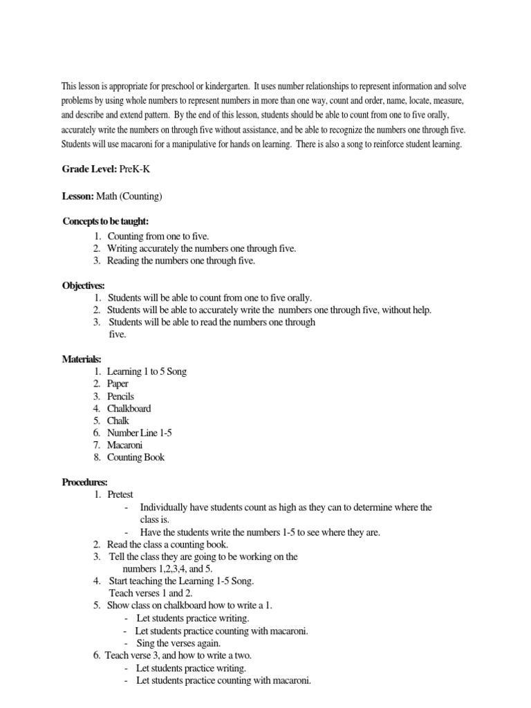 Kindergarten Math Counting Lesson Plan PDF | PDF | Education Theory ...