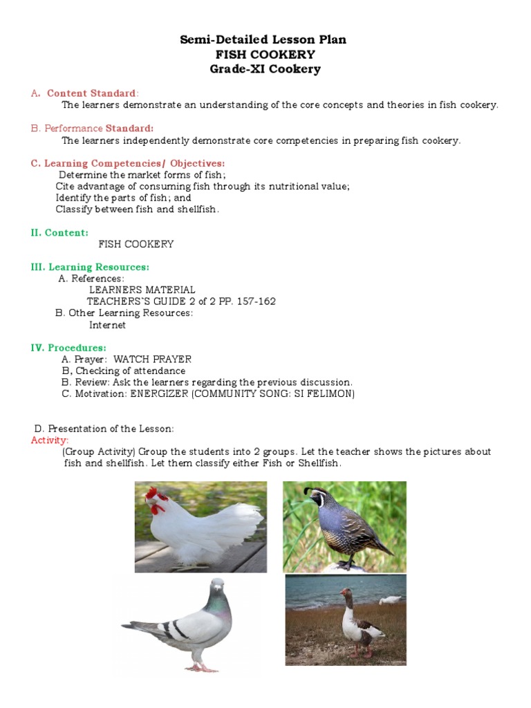 Lesson Plan in Fish Cookery | PDF | Chicken | Fish