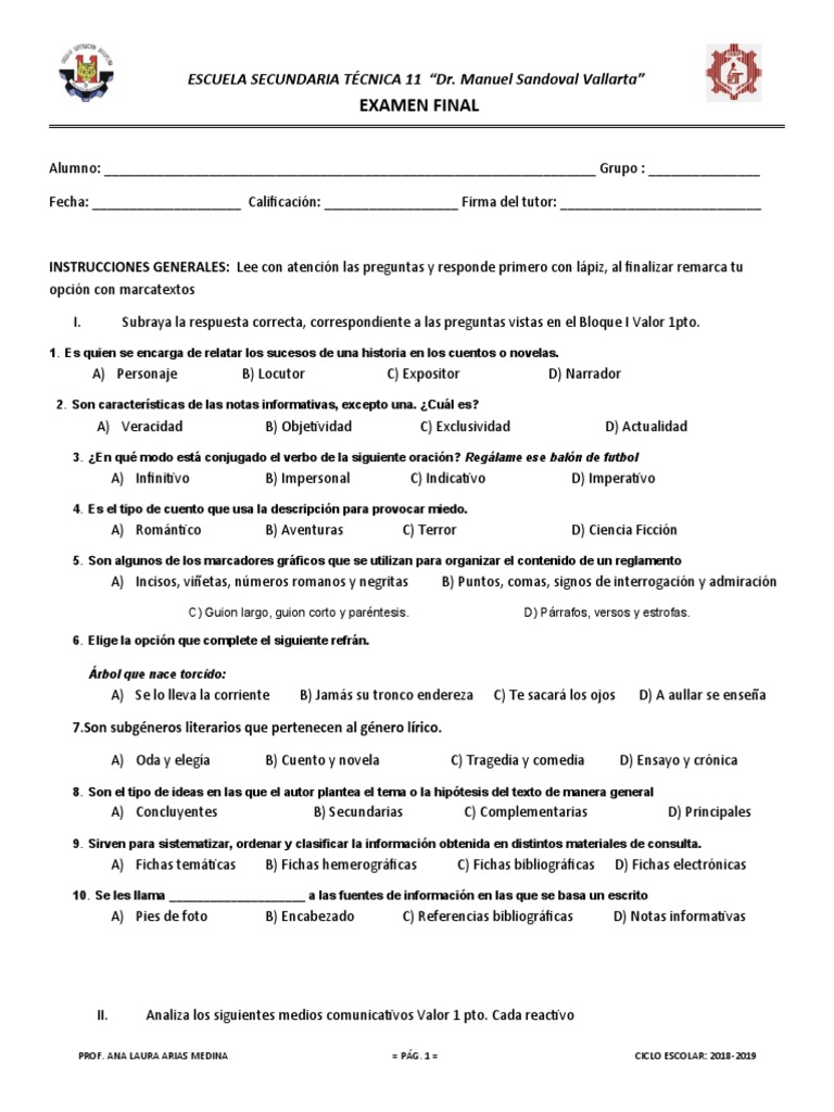 Español 1 Examen Final 2018 - 2019 | PDF | Escritores | Ensayos