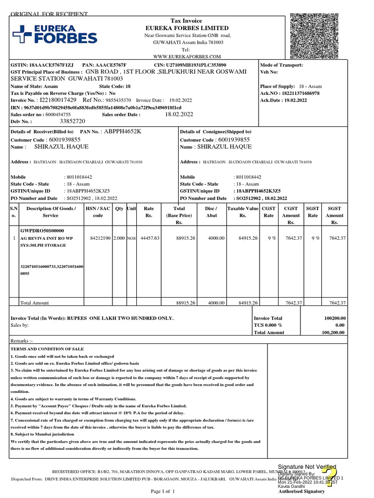 Tax Invoice Eureka Forbes Limited: Original For Recipient | PDF ...