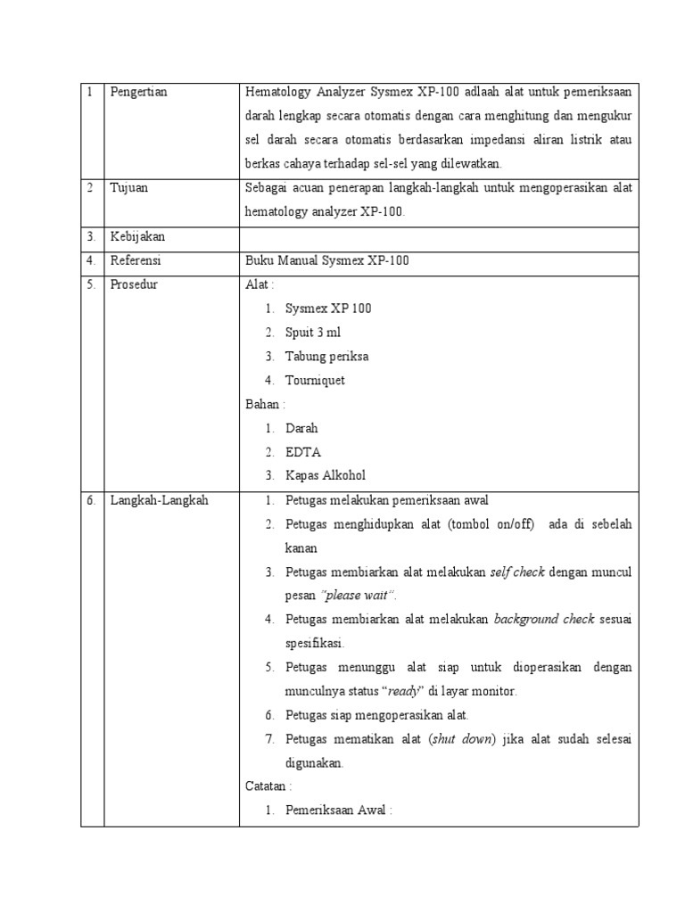 Sop DL Sysmex | PDF