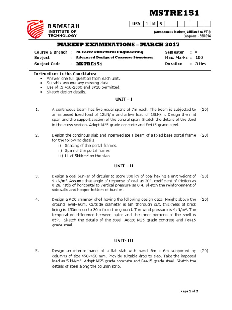 Advanced Concrete Structures Exam Guide | PDF | Beam (Structure) | Concrete