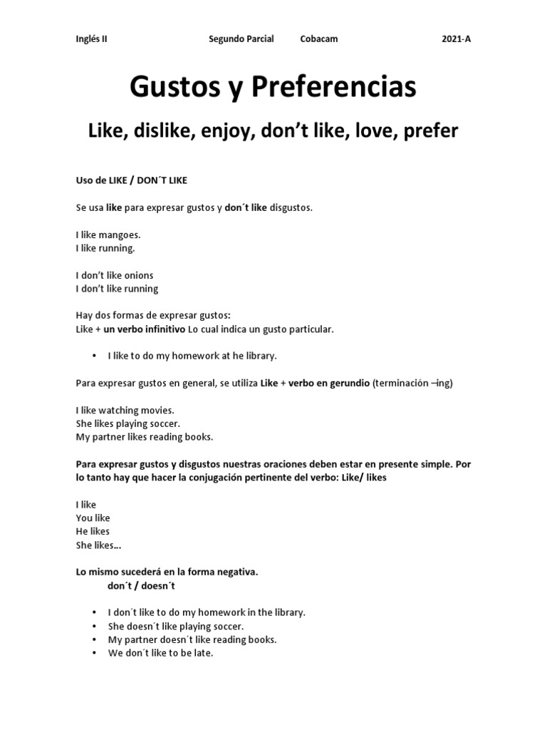 Gustos y Preferencias: Like, Dislike, Enjoy, Don't Like, Love, Prefer | PDF | Linguistics