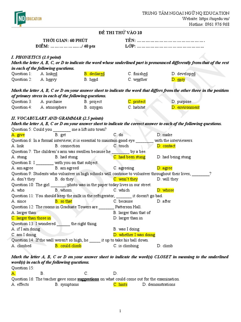 Đề Thi Thử Vào 10 Thời Gian: 60 Phút ĐIỂM: ……………..…../ 40 pts TÊN ...