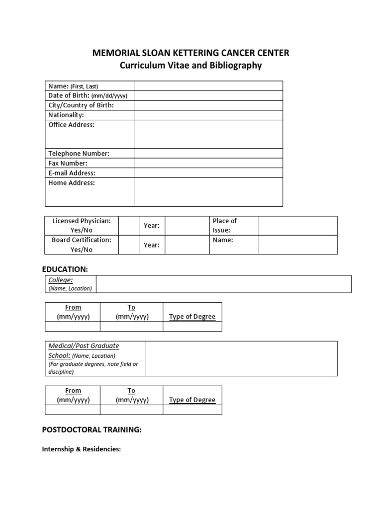 MSK Cancer Center CV & Bibliography Guide | PDF | Residency (Medicine) | Medicine
