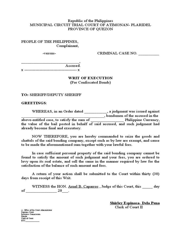 Writ of Execution for Confiscated Bonds | PDF