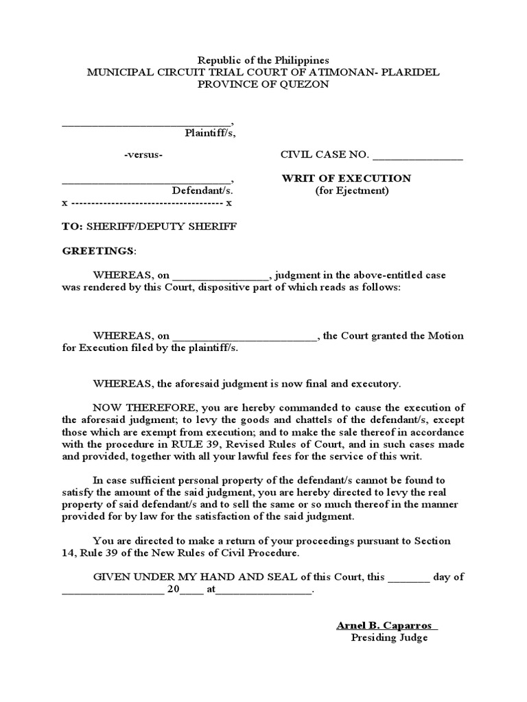 Writ of Execution for Ejectment Case | PDF