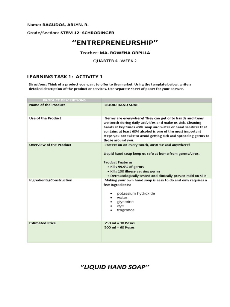 'Entrepreneurship'': Learning Task 1: Activity 1 | PDF