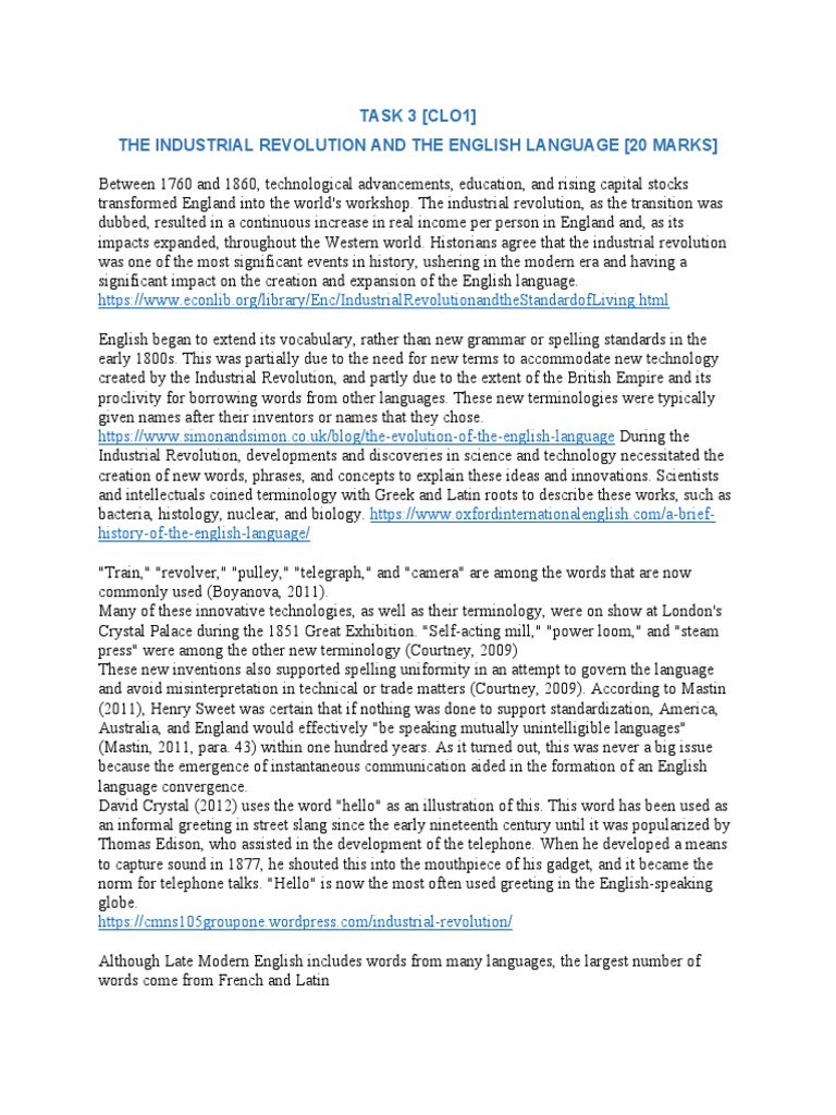 Task 3 (Clo1) The Industrial Revolution and The English Language (20 ...