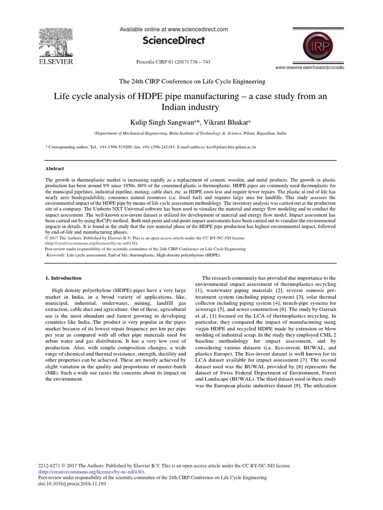 Sciencedirect: Life Cycle Analysis of Hdpe Pipe Manufacturing - A Case ...