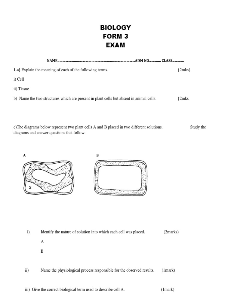 Form Three Biology Set 1 QS | PDF | Homeostasis | Plants