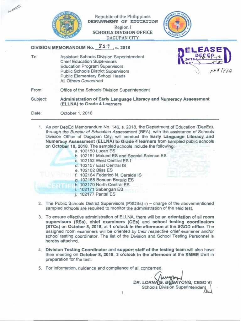 Administration of Early Language Literacy and Numeracy Assessment Ellna ...