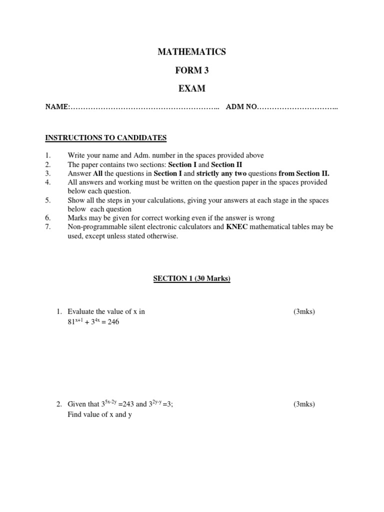Form 3 Mathematics Exam Paper | PDF | Speed | Angle