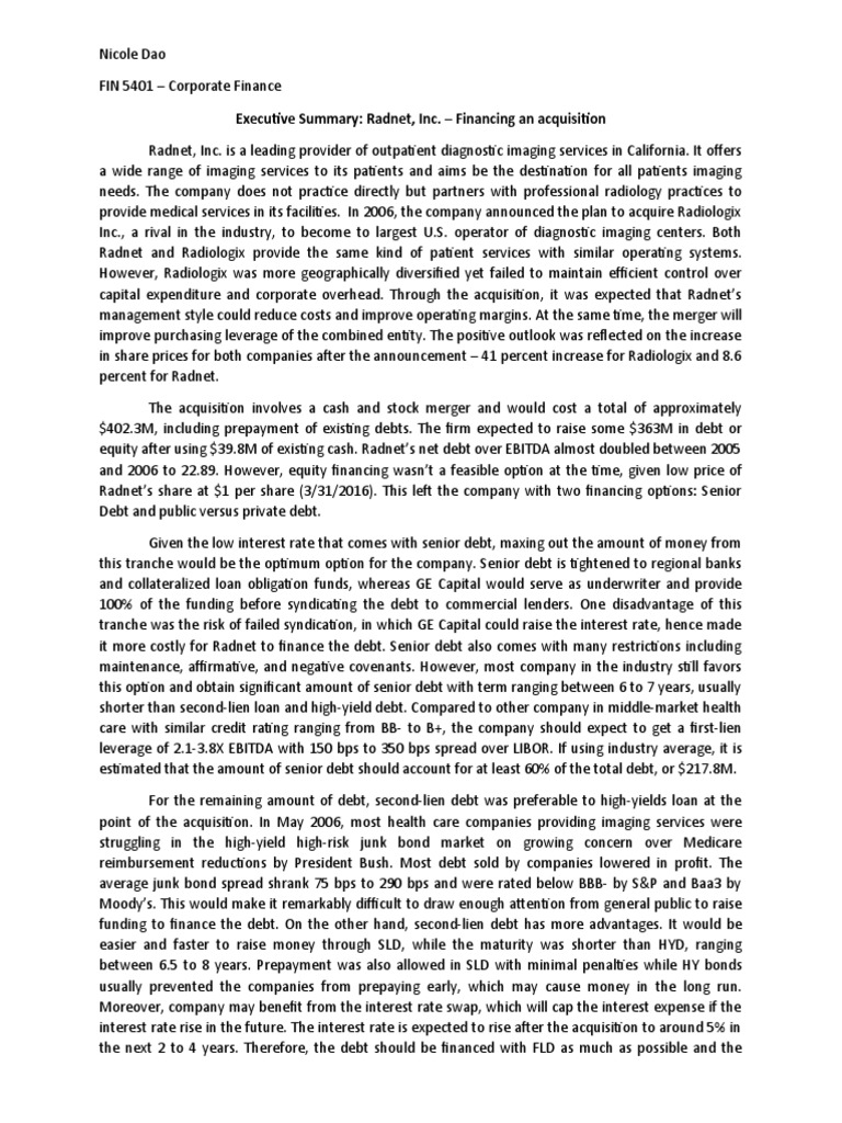 Executive Summary: Radnet, Inc. - Financing An Acquisition | PDF | Debt ...
