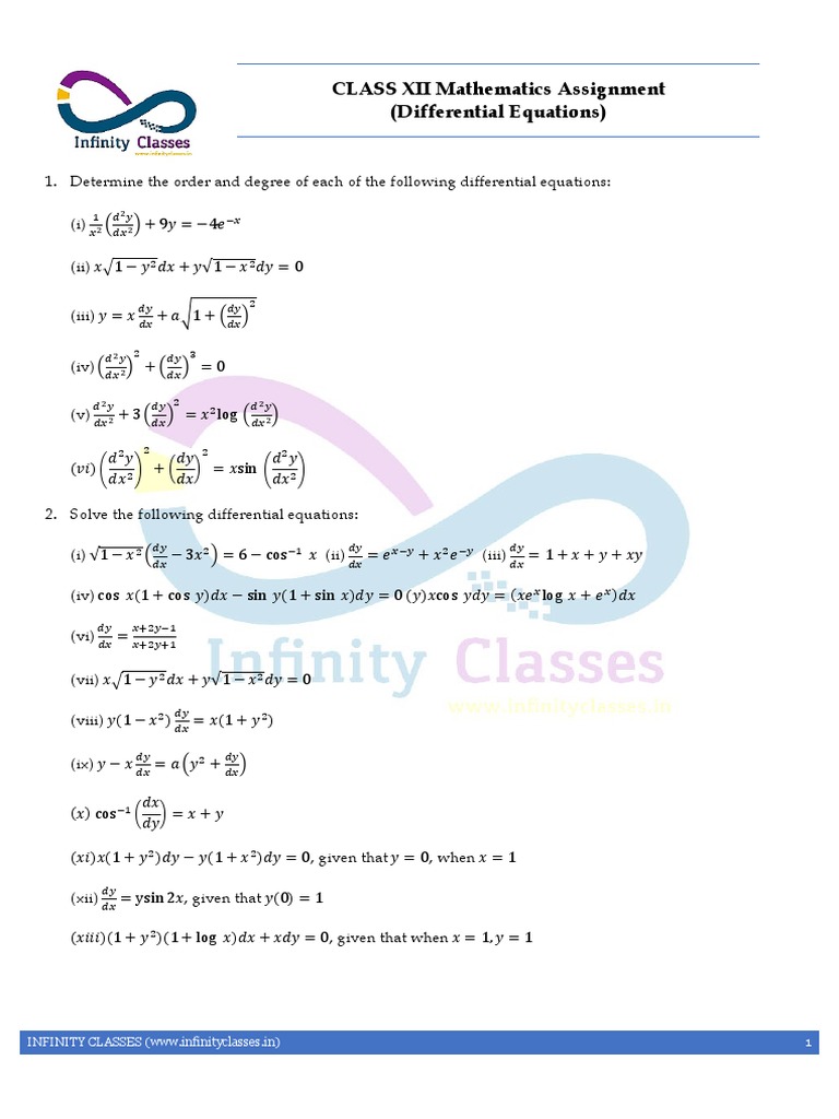 Class XII Differential Equations Assignment | PDF | Equations ...