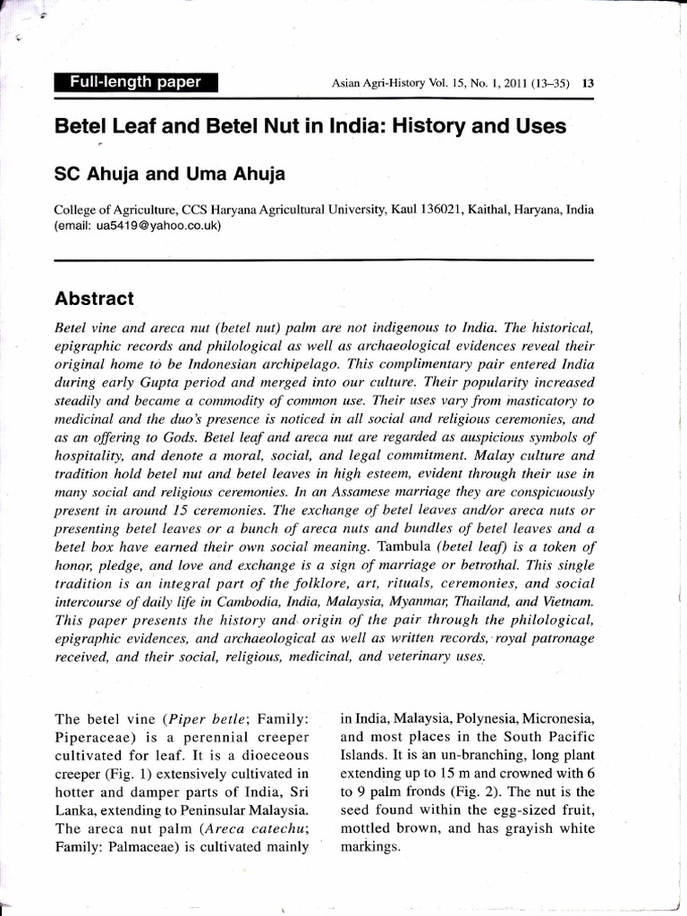 Betel and Betel Nut in History and Uses: Lndia | PDF