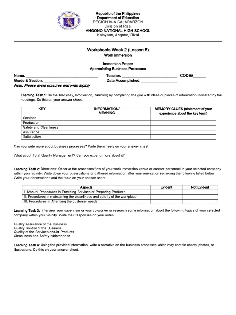 Work Immersion Worksheets Week 2 Lesson 5 | PDF | Business Process ...