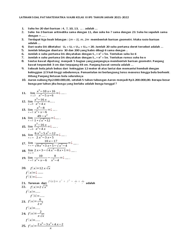 Latihan Soal Pat Matematika Wajib Kelas Xi Ips Tahun Ajaran 2021 | PDF