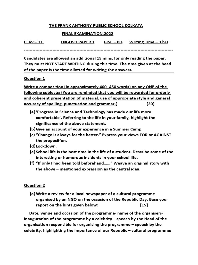 Class 11, English Paper 1 Final Examination 2022 | PDF | Ellipsis