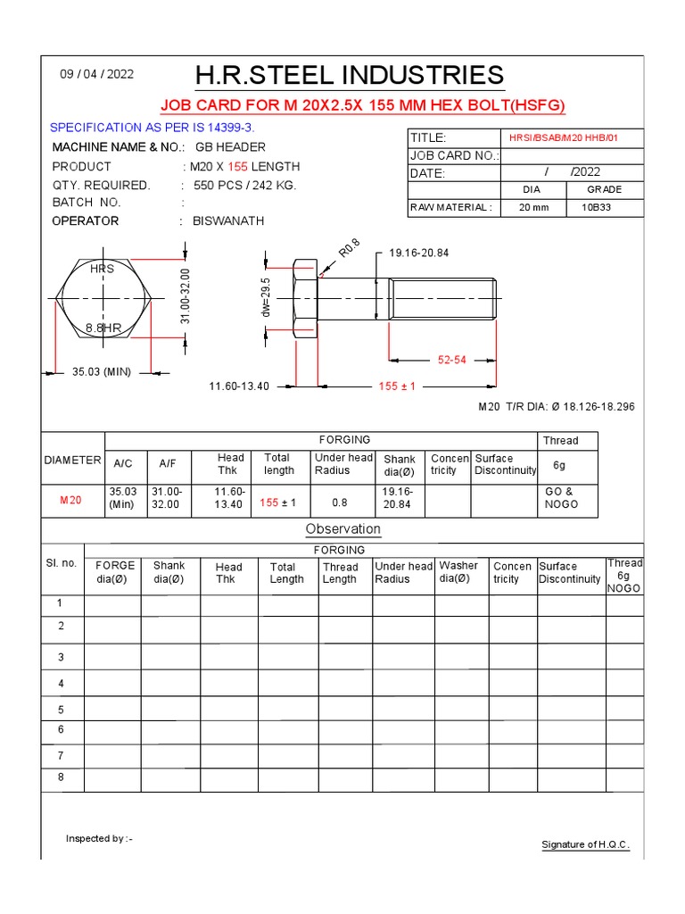 H.R.Steel Industries: Job Card For M 20X2.5X 155 MM Hex Bolt (HSFG ...
