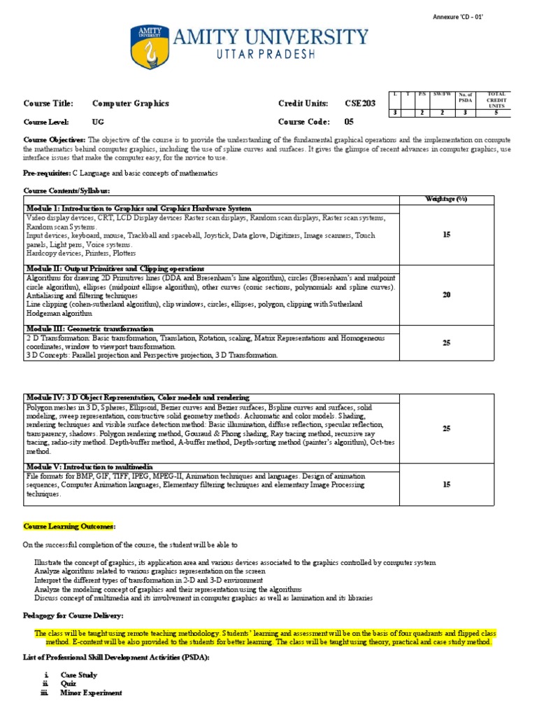 Course Title Computer Graphics Credit Units Cse203 Course Code 05 Pdf Rendering Computer 