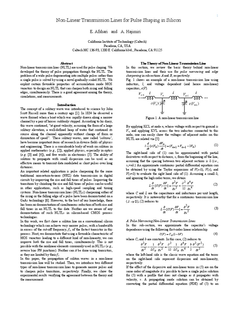 Non-Linear Transmission Lines For Pulse Shaping in Silicon: E. Afshari and A. Hajimiri | PDF ...