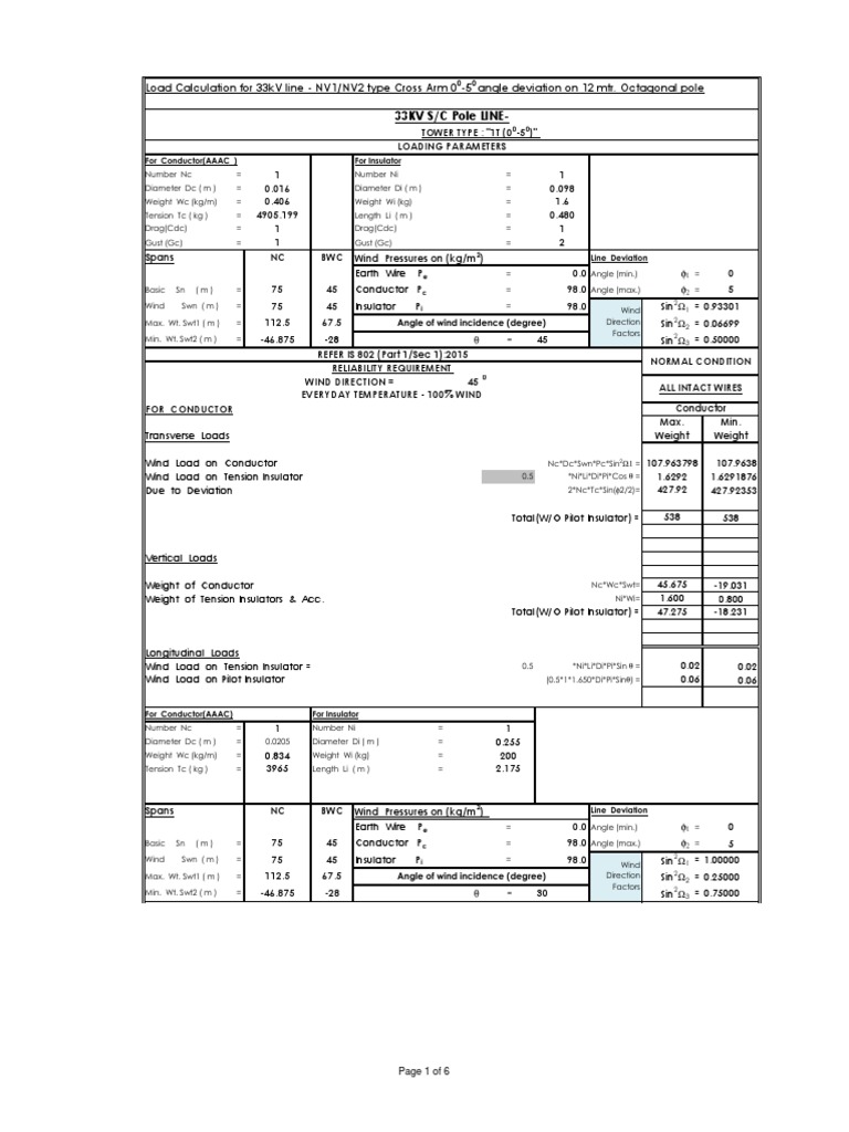 Loading - Calculations - 12 M Pole 33kV | PDF | Insulator (Electricity ...