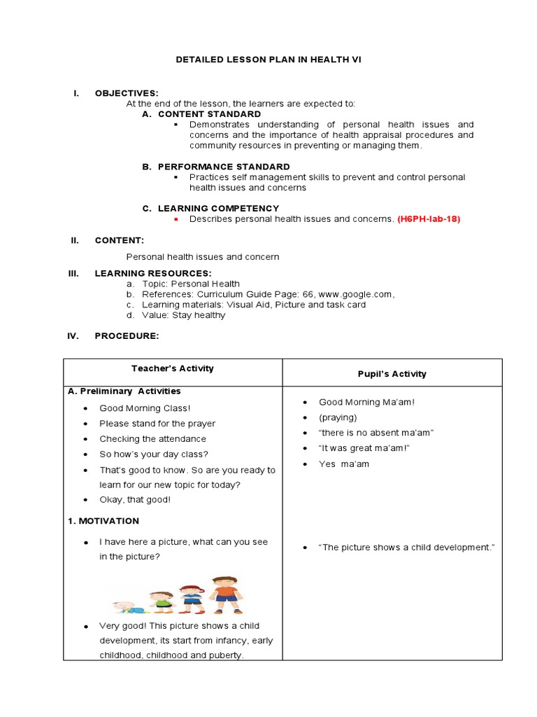 Detailed Lesson Plan in Health Vi: (H6PH-lab-18) | PDF | Medical ...