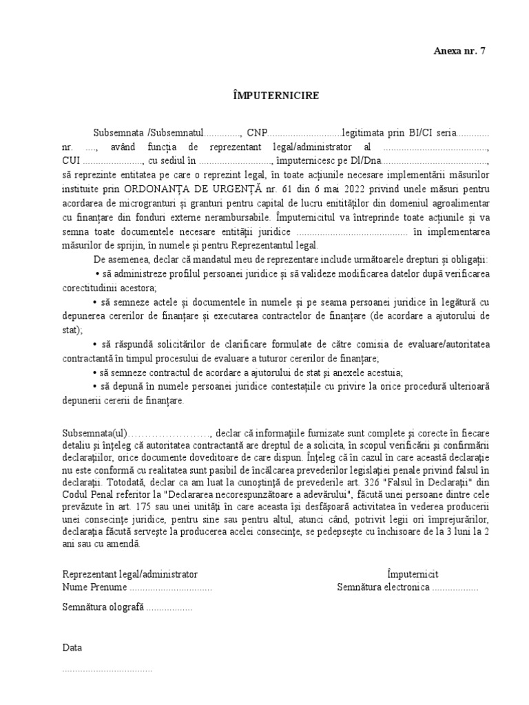 Anexa 7 Model Imputernicire M1 1 | PDF