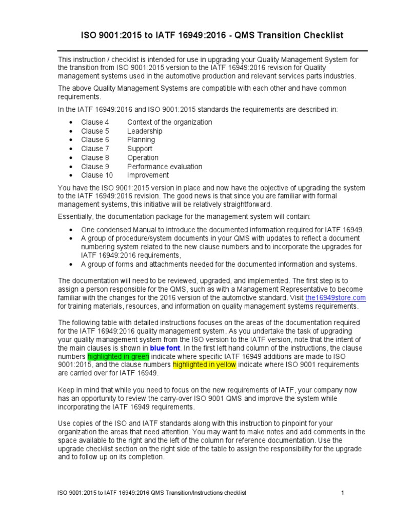 ISO 9001 To IATF 16949 QMS Instructions Sample | PDF | Quality ...