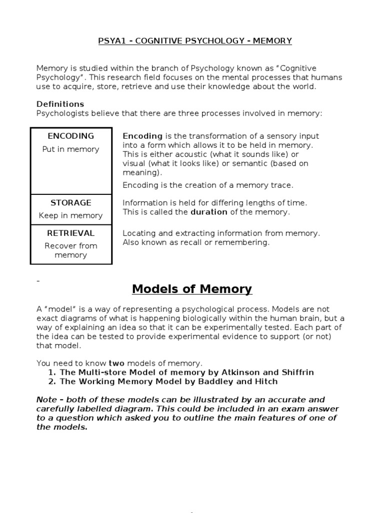 Models of Memory: Psya1 - Cognitive Psychology - Memory | Download Free ...