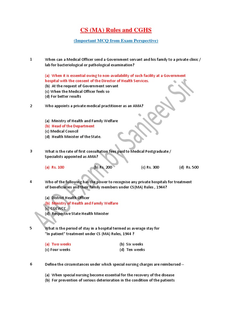 CS (MA) Rules and CGHS: (Important MCQ From Exam Perspective) | PDF ...