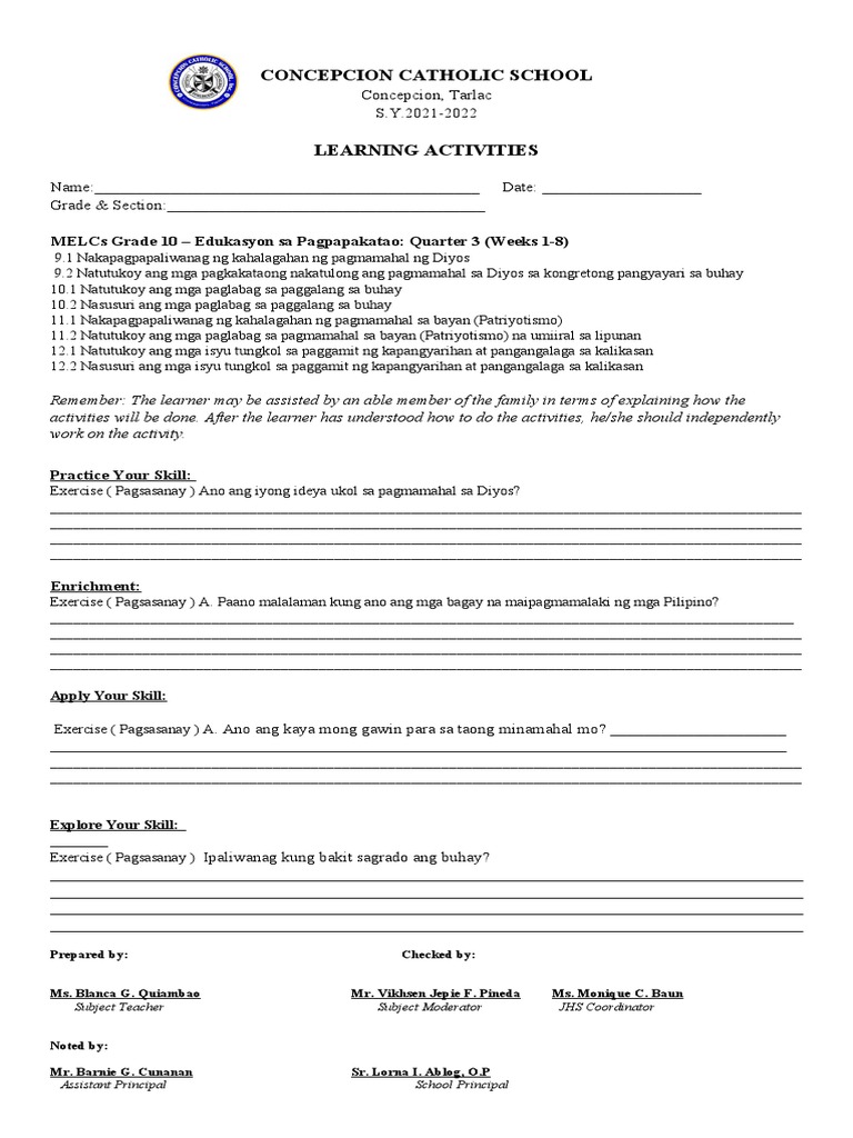 Learning ACTIVITIES ESP 10 Third Quarter | PDF